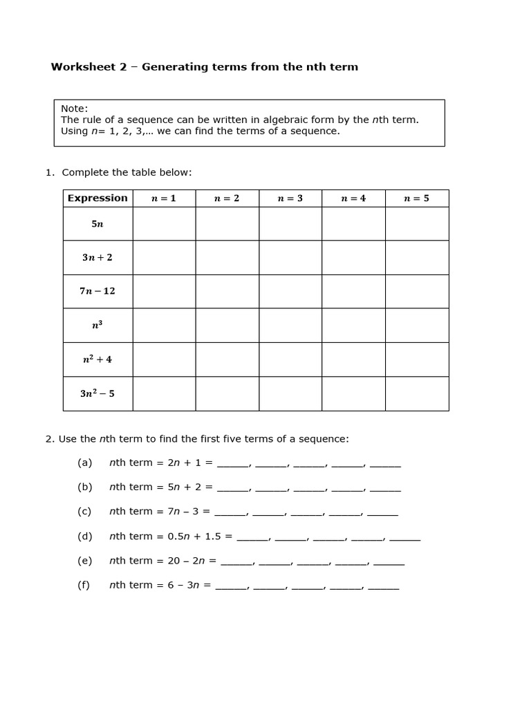Sequences Worksheet Pack 9479763b250b8eb1b7b6ac11956c5987!6!9 | PDF
