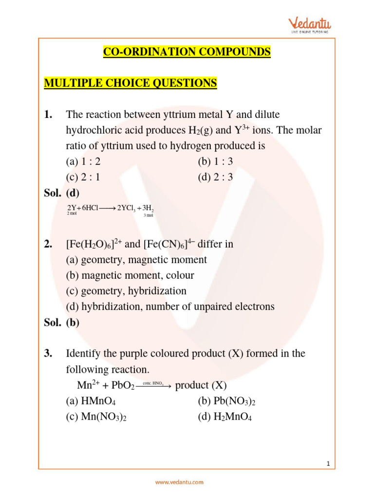 JEE Main Coordination Compounds Important Questions | PDF | Coordination Complex | Iron