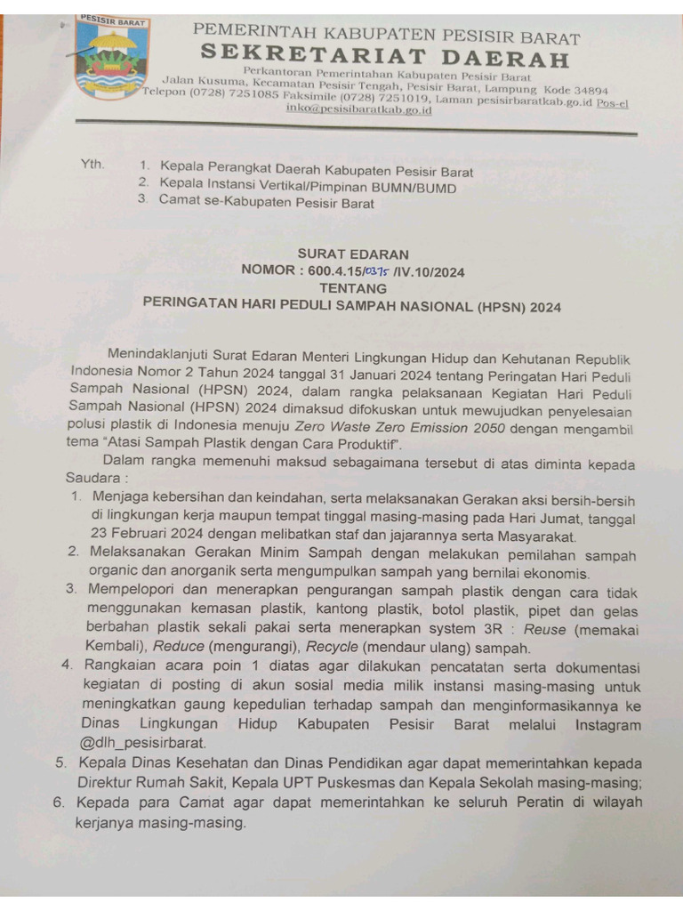 SURAT EDARAN TENTANG PERINGATAN HARI PEDULI SAMPAH NASIONAL (HPSN) 2024 ... SURAT EDARAN TENTANG PERINGATAN HARI PEDULI SAMPAH NASIONAL (HPSN) 2024 ...