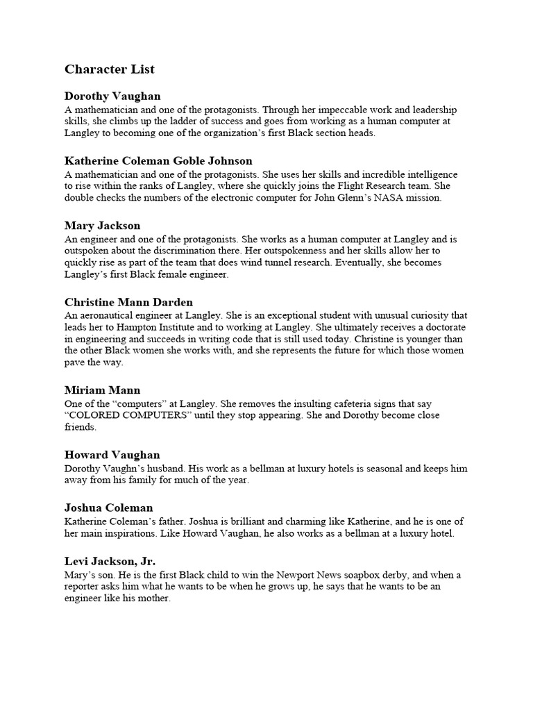 Character List of Hidden Figures | PDF | Hidden Figures