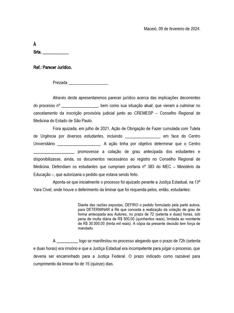 Modelo de Parecer Jurídico | PDF | Sentença (jurídico) | Injunção