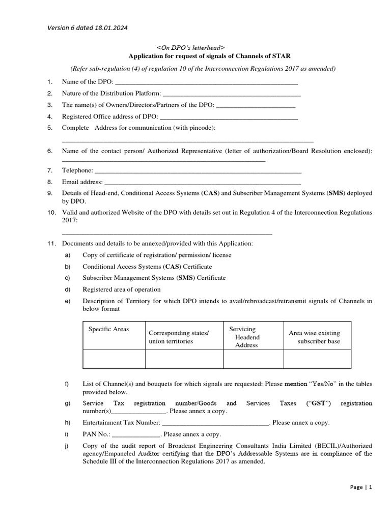 Application For Request of Signals of Star Channels | PDF | The Walt ...