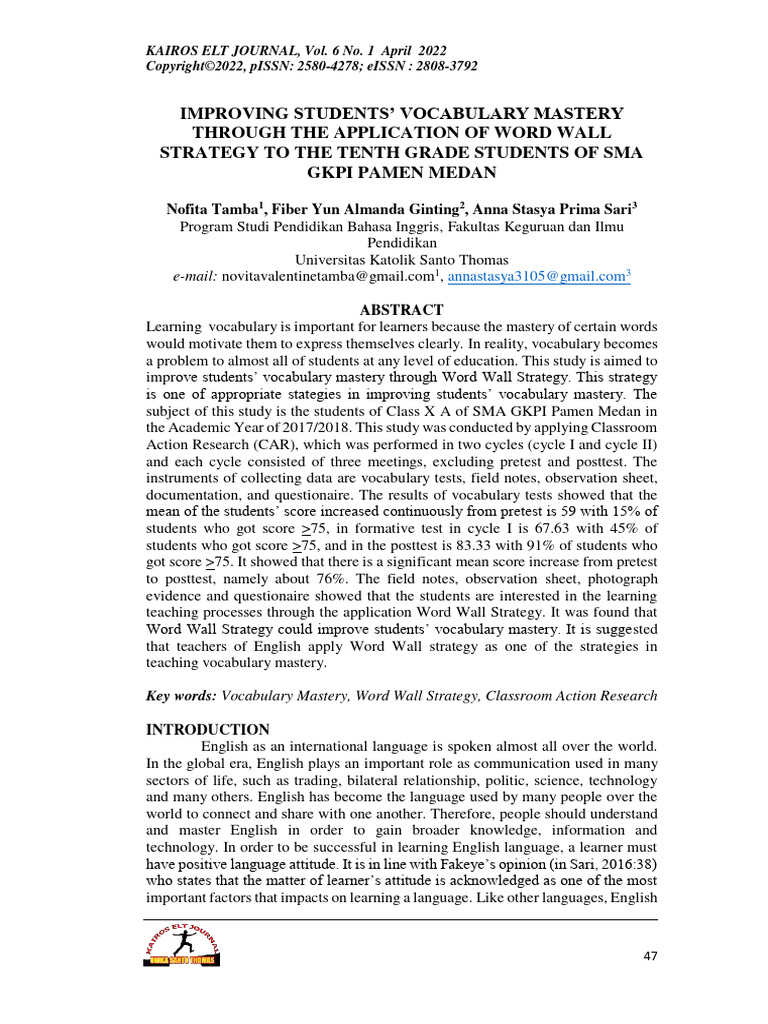 Improving Students' Vocabulary Mastery Through The Application of Word Wall Strategy To The ...