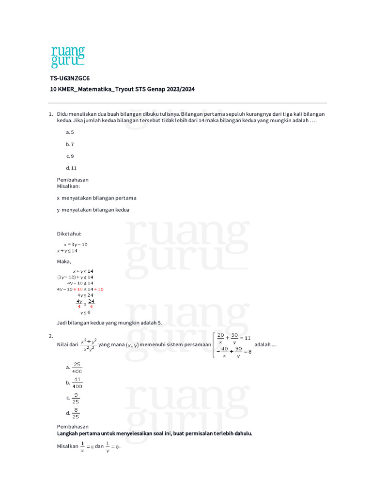 10 KMER - Matematika - Tryout STS Genap 2023 - 2024 - Pembahasan | PDF