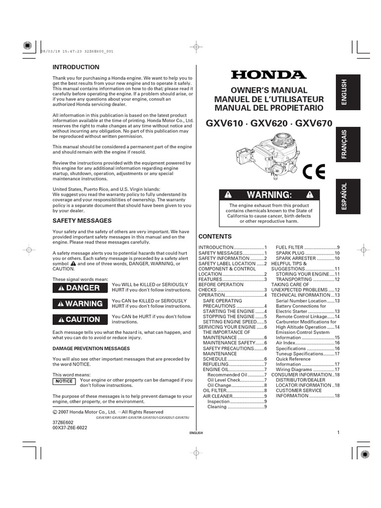 Owners Manual Gxv610 620 670 English 32z6e6022 | PDF | Throttle ...