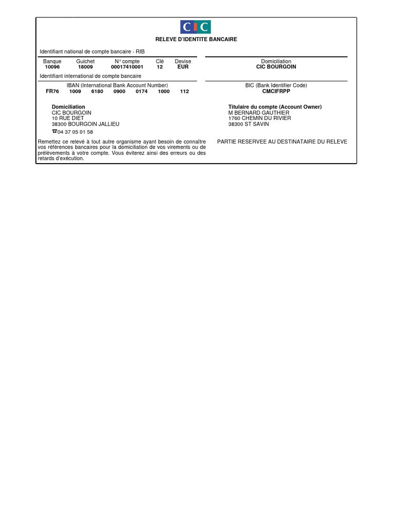Rib - Gauthier Bernard (Cic) | PDF | Finance et gestion monétaire