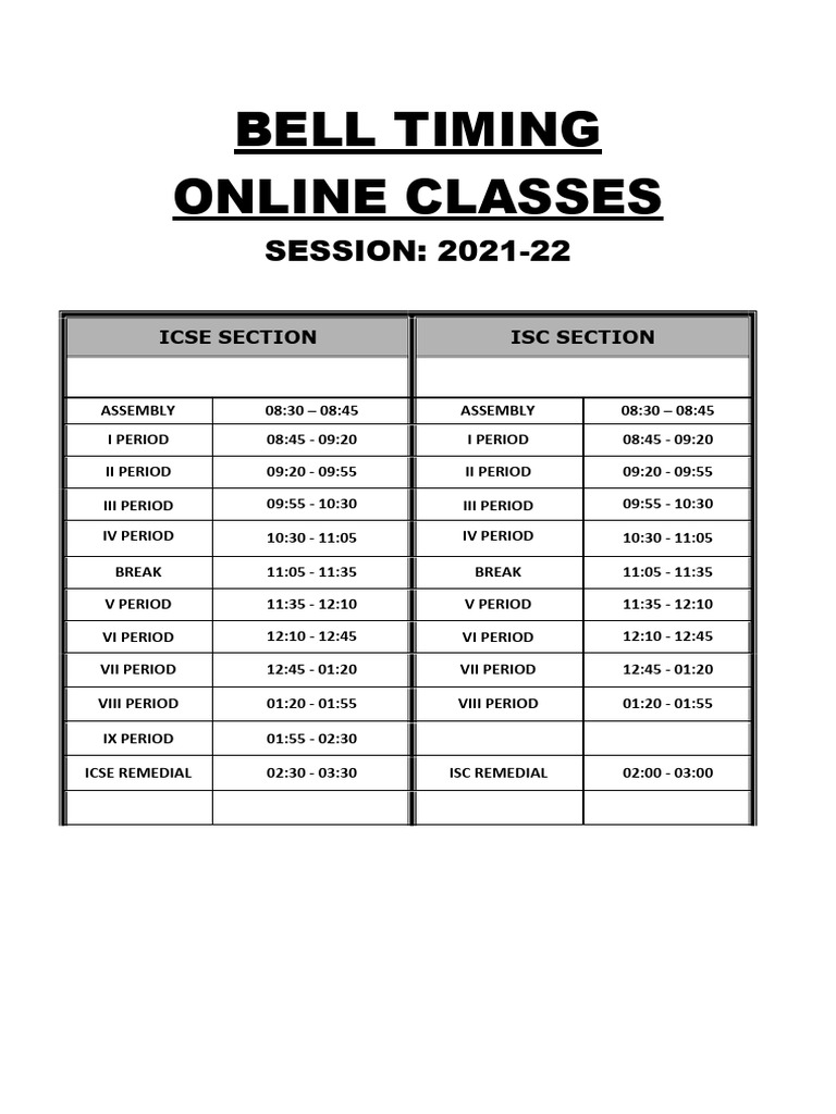 2021-22 Online Class Bell Schedule | PDF