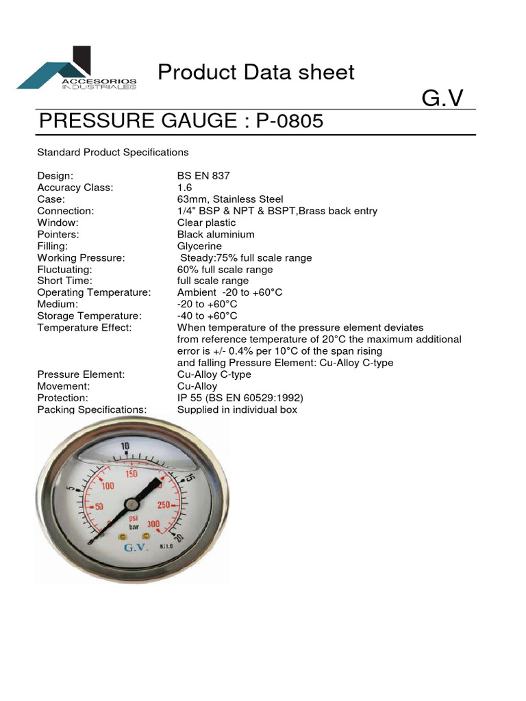 P-0805 Pressure Gauge Specifications | PDF