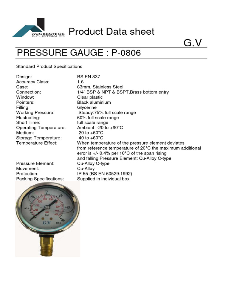 Product Data Sheet: Pressure Gauge: P-0806 | PDF