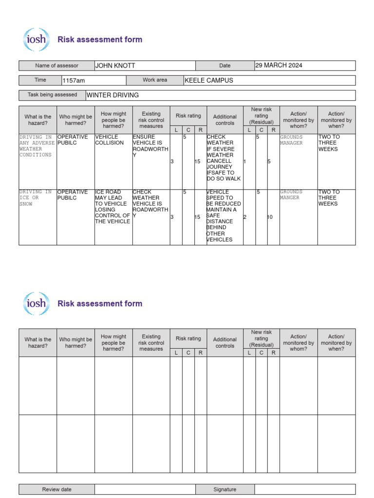 Iosh Risk Assessment Project v20 | PDF | Risk | Safety