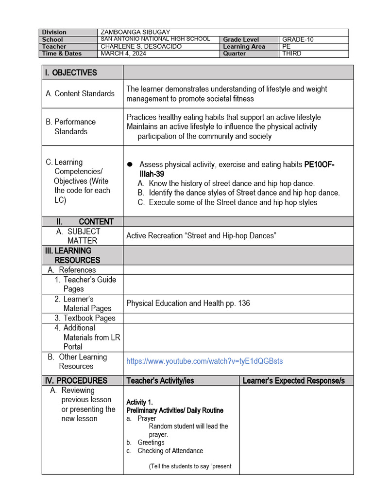 10-PE Week 1 | PDF | Dances | Teachers