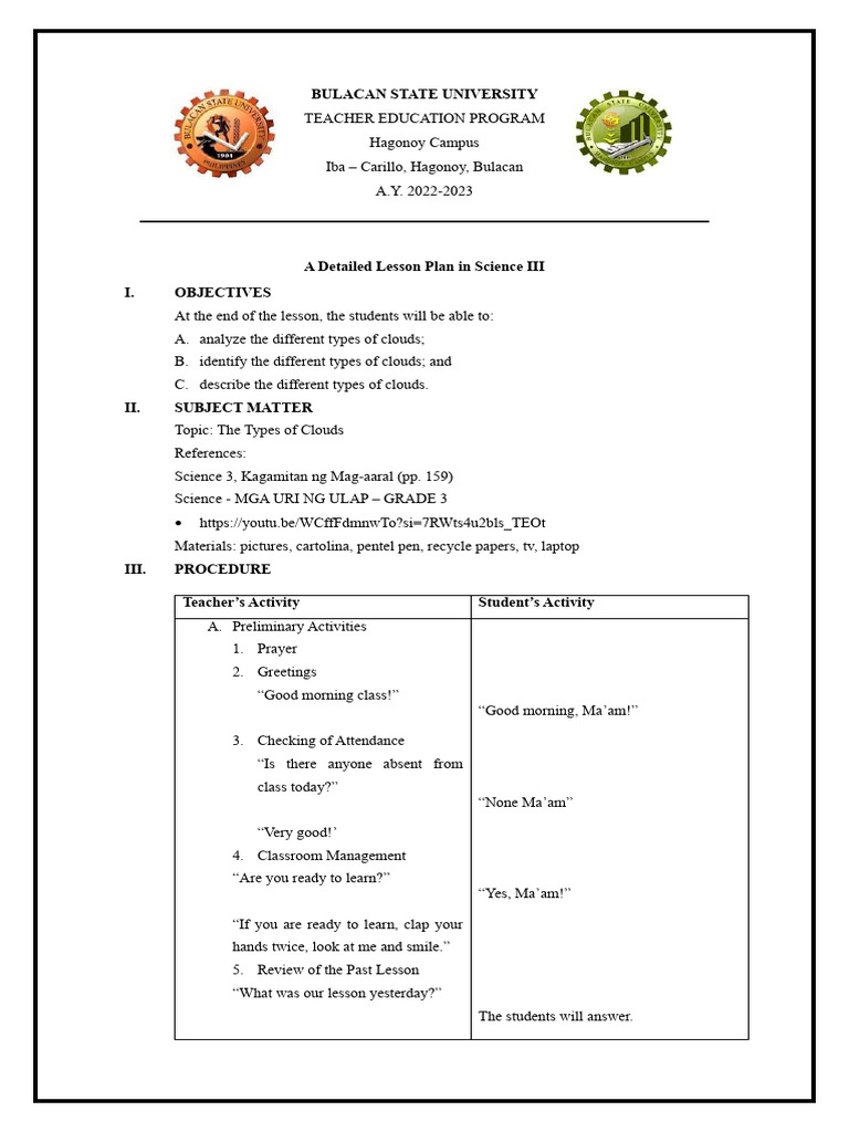 Educ 201-Detailed Lesson Plan | PDF | Cloud | Lesson Plan
