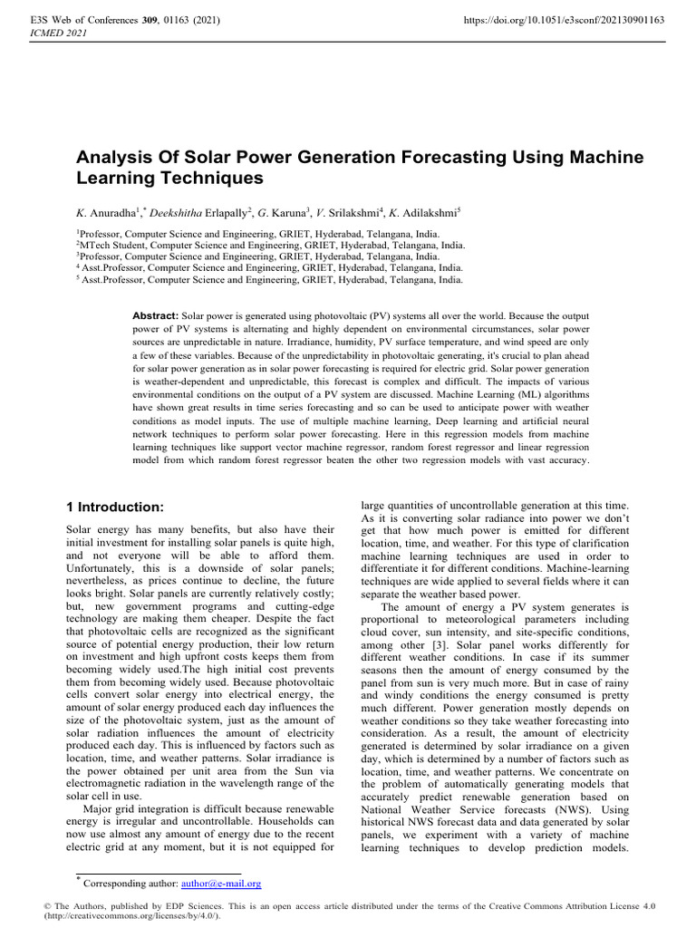 Solar Power Forecasting with ML Techniques | PDF | Machine Learning | Linear Regression