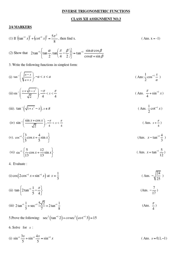 2 Assignment Inverse Trigonometric Functions Pdf 7410