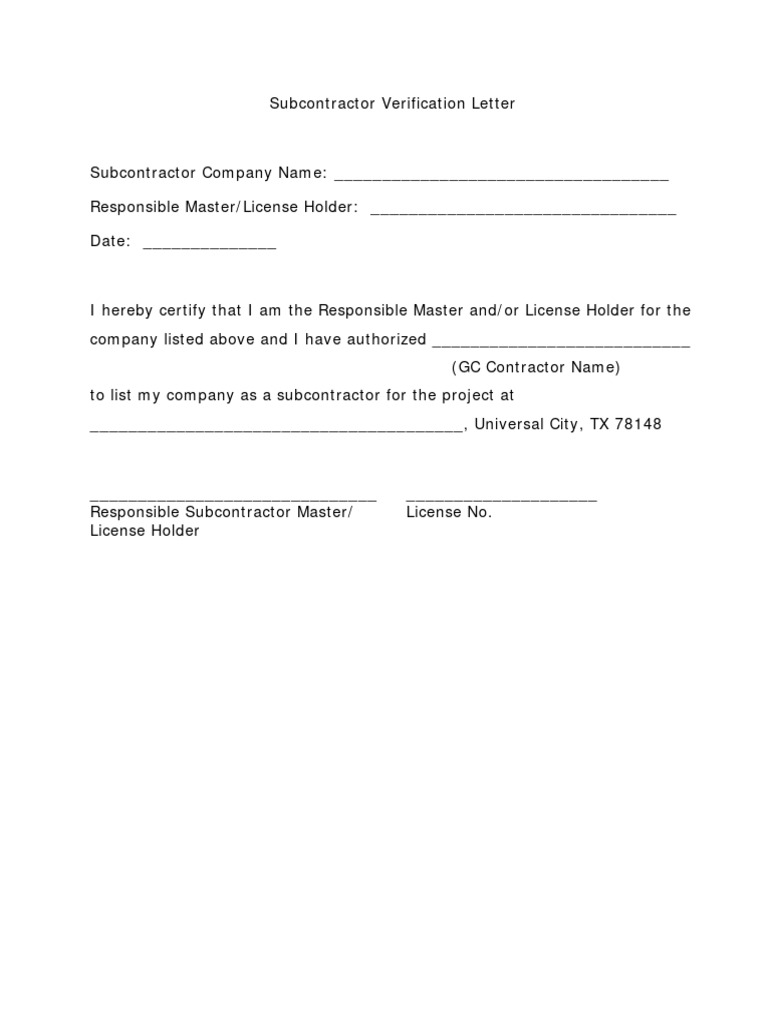 Subcontractor Verification Letter | PDF