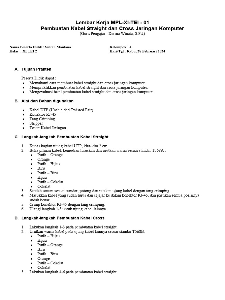 Jobsheet-01. Membuat Kabel Stright Dan Cross Jaringan Komputer-OK | PDF