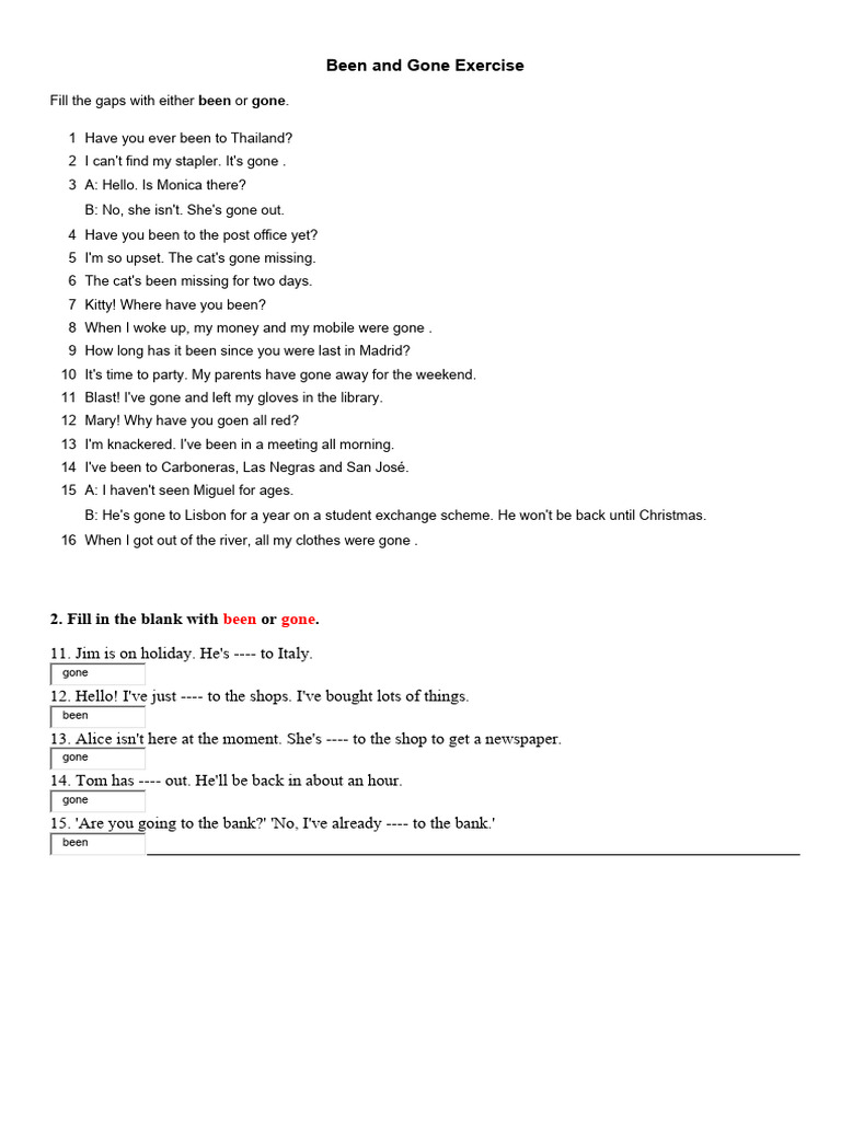 Been Vs Gone Worksheet Villar Javier | PDF