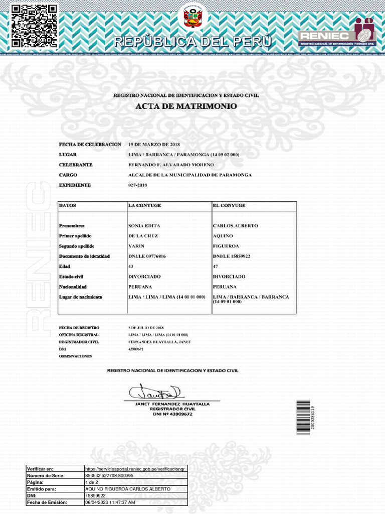 Acta-Matrimonio-2000286119 Sonia | PDF | Perú | Comunidad andina