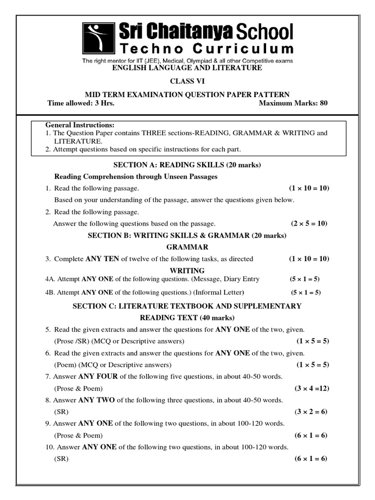 CBSE English Class 6 Mid Term Question Paper Pattern | PDF