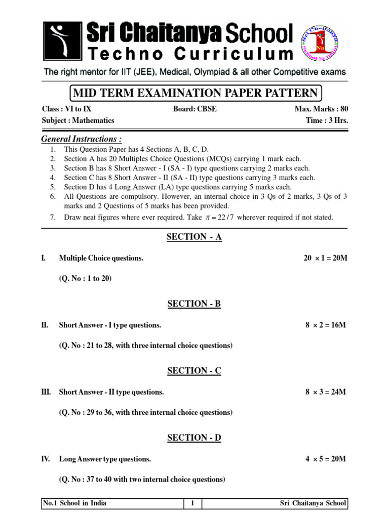 CBSE MATHS VI To IX MID TERM EXAMINATION PAPER PATTERN | PDF