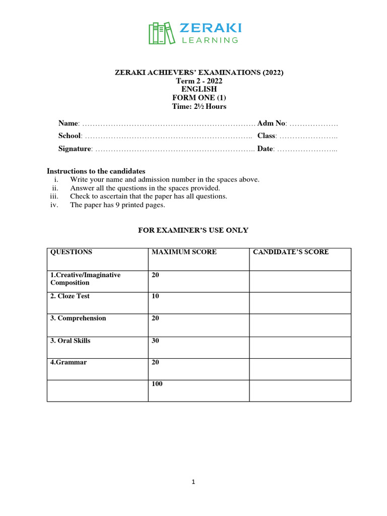English Form 1 - Question Paper | PDF | Hospital | Pneumonia