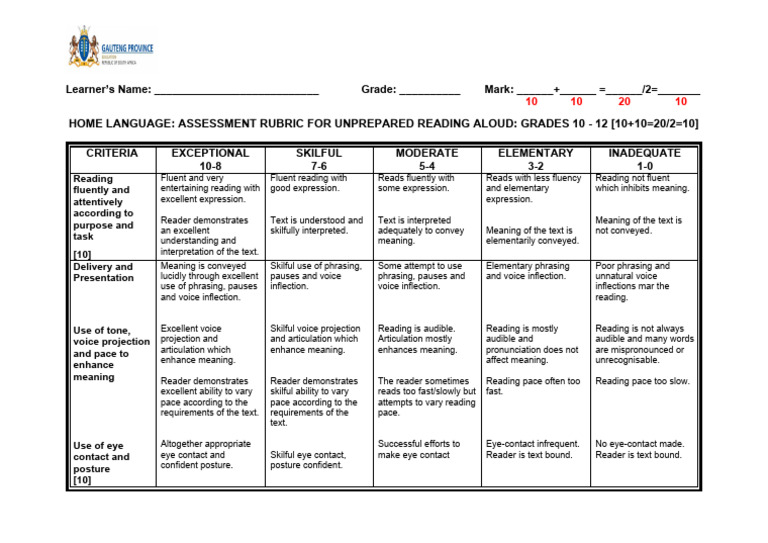 Unprepared Reading Aloud Rubric | PDF | Fluency | Language Acquisition