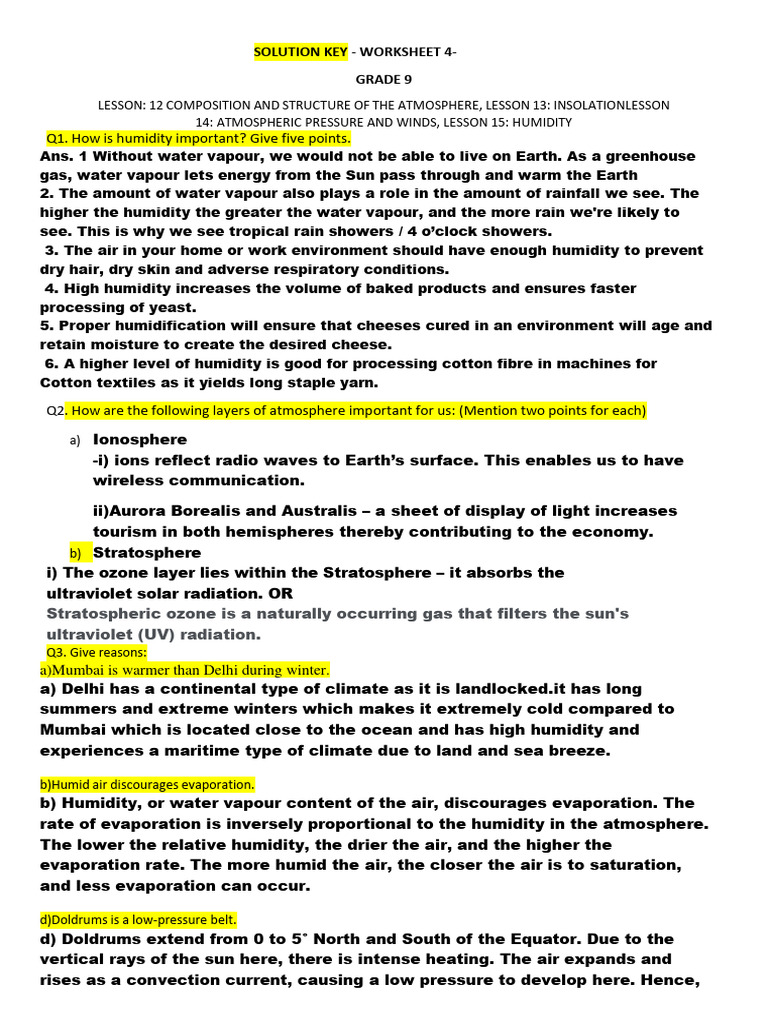 Worksheet 4 - 9TH Grade | PDF | Atmosphere Of Earth | Humidity