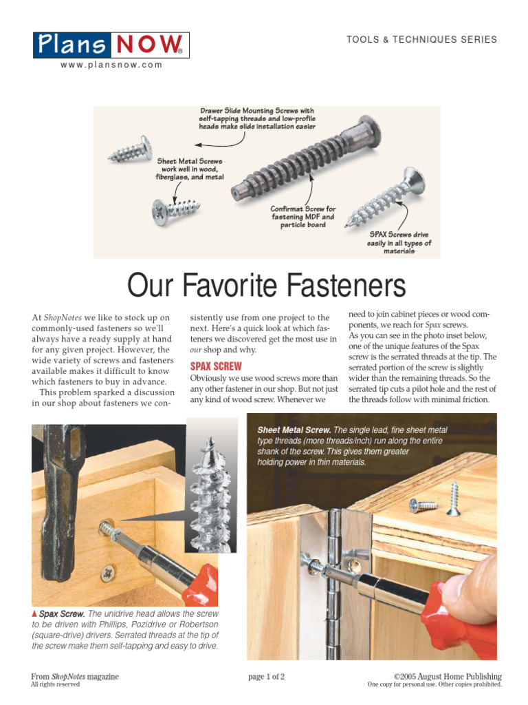 PlansNow - Our Favorite Fasteners | Download Free PDF | Screw | Cutting ...