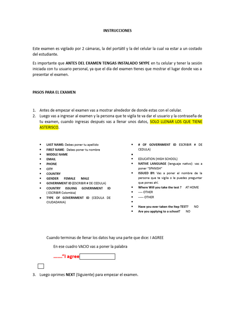 Instrucciones para El Examen ITEP | PDF