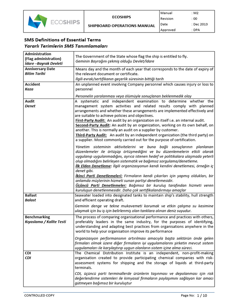 0C - SMS Definitions of Essential Terms ECOSHIPS SHIPBOARD OPERATIONS MANUAL | PDF