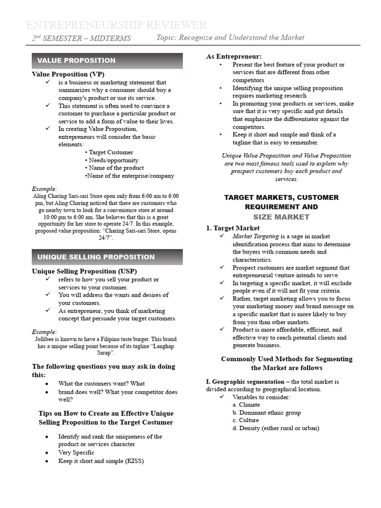 GRADE 12 STEM - ENTREP Reviewer 3 | PDF | Market Segmentation | Marketing