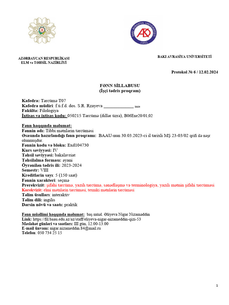 Tibbi Tərcümə Sillabus | PDF