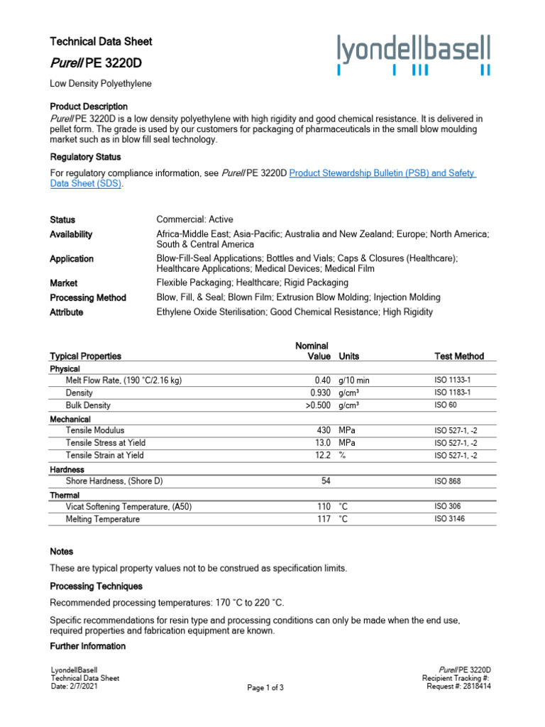 Purell PE 3220D Technical Data Sheet | PDF | Polyethylene | Combustion