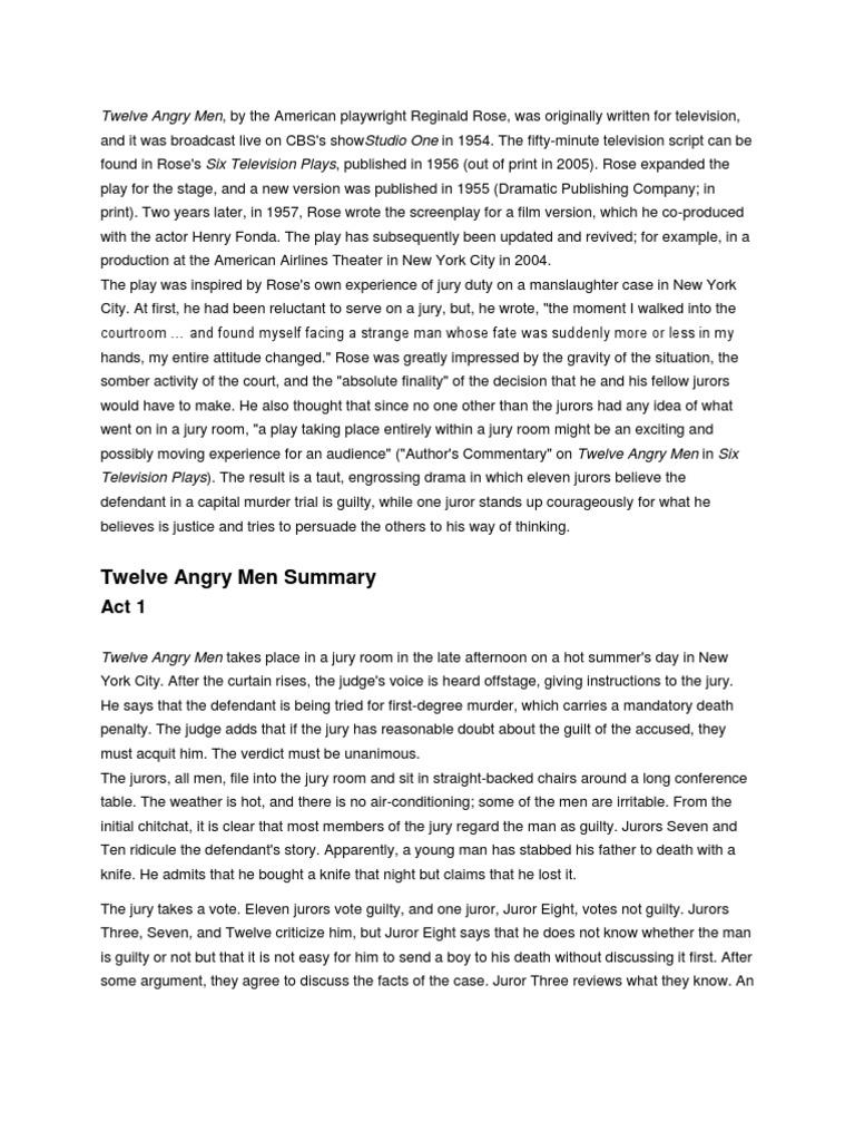 Reasonable Doubt: An Analysis of the Drama Twelve Angry Men | PDF ...
