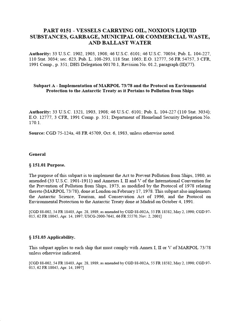 CFR 33 - Part 0151 - Vessels Carrying Oil, Noxious Liquid Substances ...