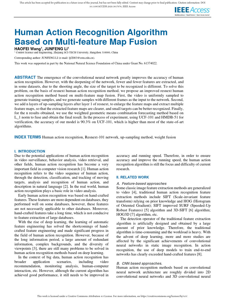 Wang Human Action Recognition Algorithm Based On Multi Feature Map Fusion 2020 Pdf