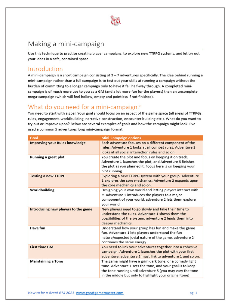 001 Mini-Campaigns | PDF | Tabletop Role Playing Game | Goal