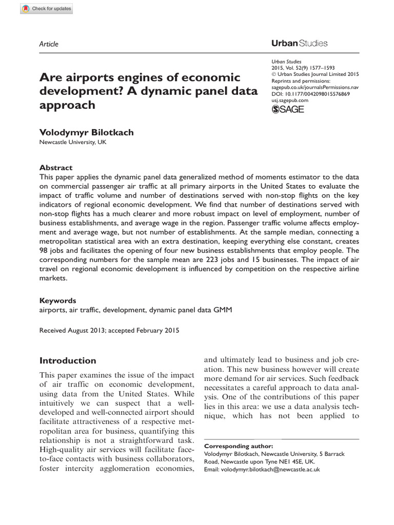 Bilotkach 2015 Are Airports Engines of Economic Development A Dynamic Panel Data Approach | PDF ...