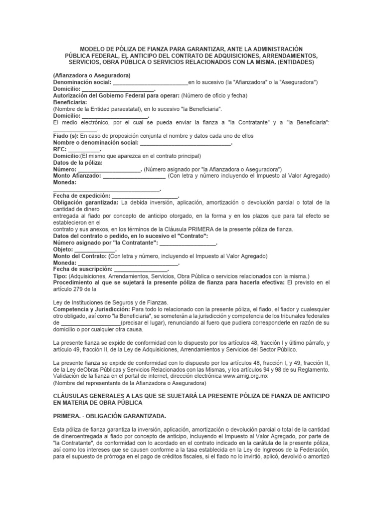 Modelo de Fianza Anticipo | PDF | Póliza de seguros | Seguro
