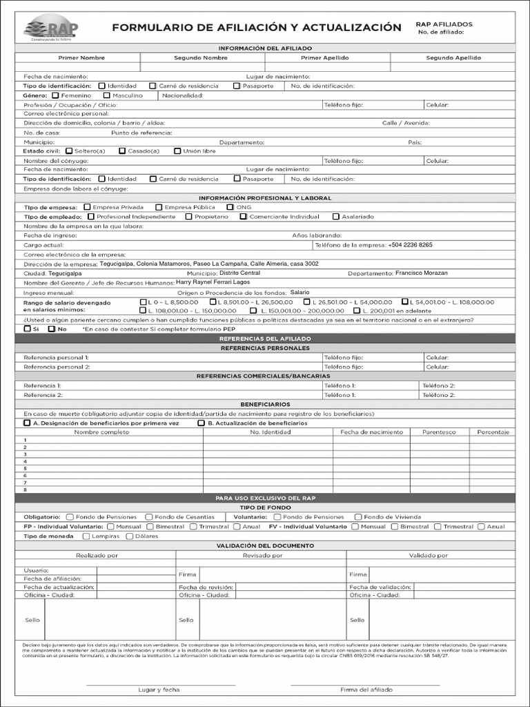 FORMULARIO RAP AFILIADOS (editable) | PDF