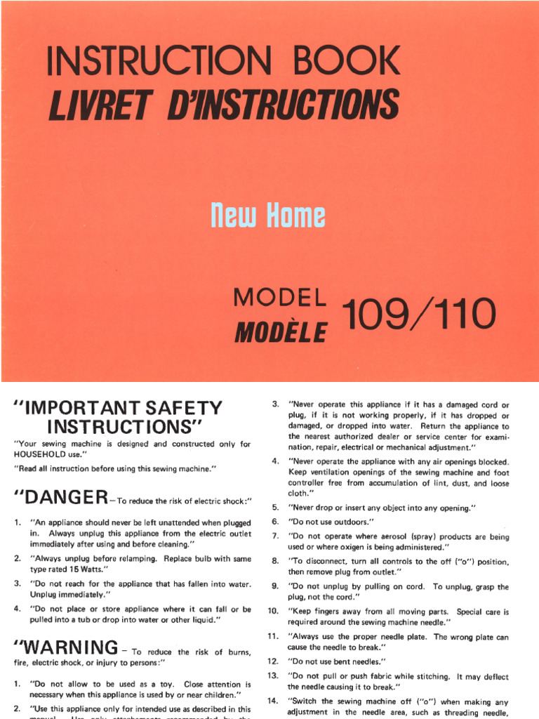 New Home 109/110 Sewing Machine Instruction Manual | PDF