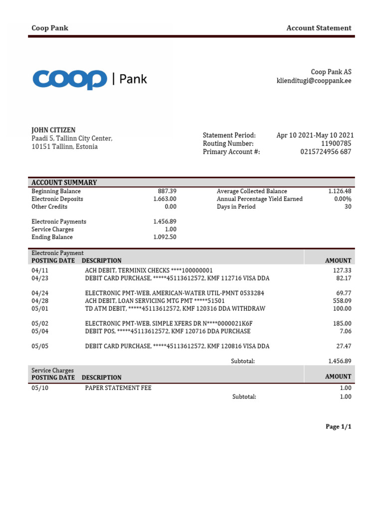 Estonia Coop Pank Bank Statement | PDF | Debit Card | Visa Inc.