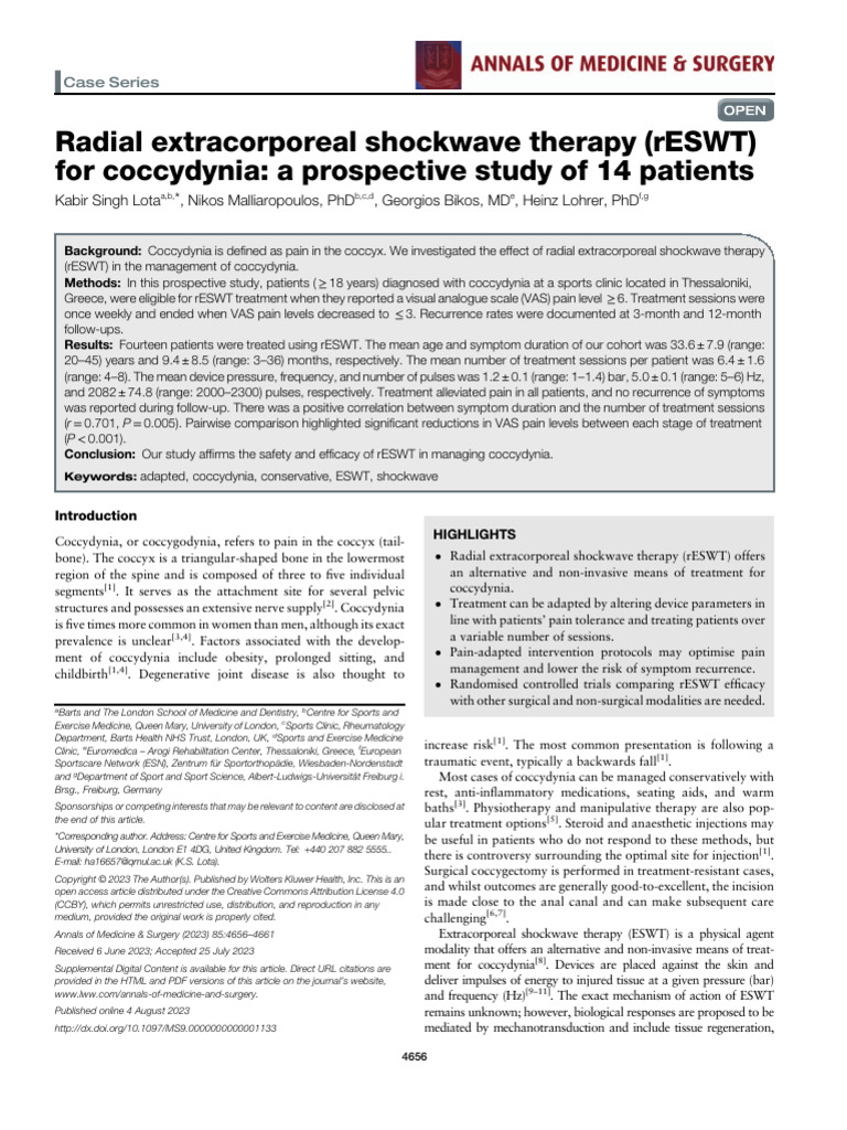 Lota KS. 2023. Rapid ESWT Coccydinia - Prospective Study 14 Patients | PDF