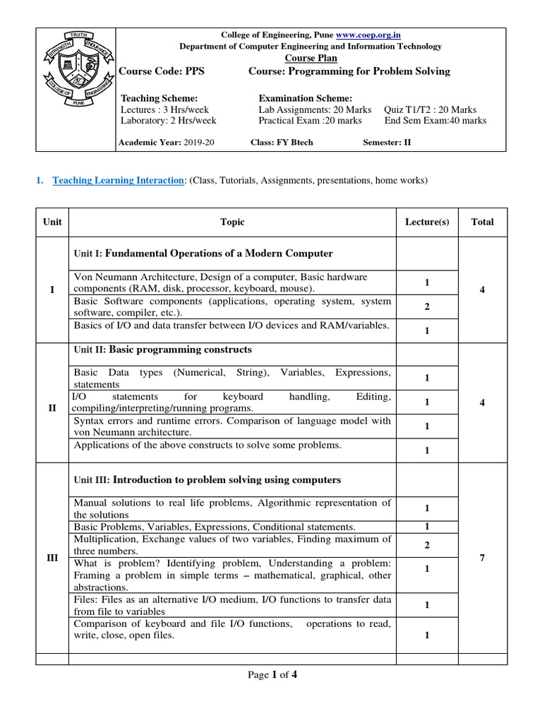 Programming for Problem Solving Course Plan | PDF | Cryptography ...