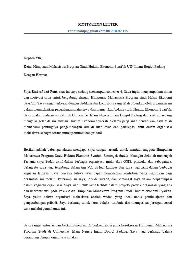 Surat Motivasi Bergabung Himpunan Mahasiswa | PDF