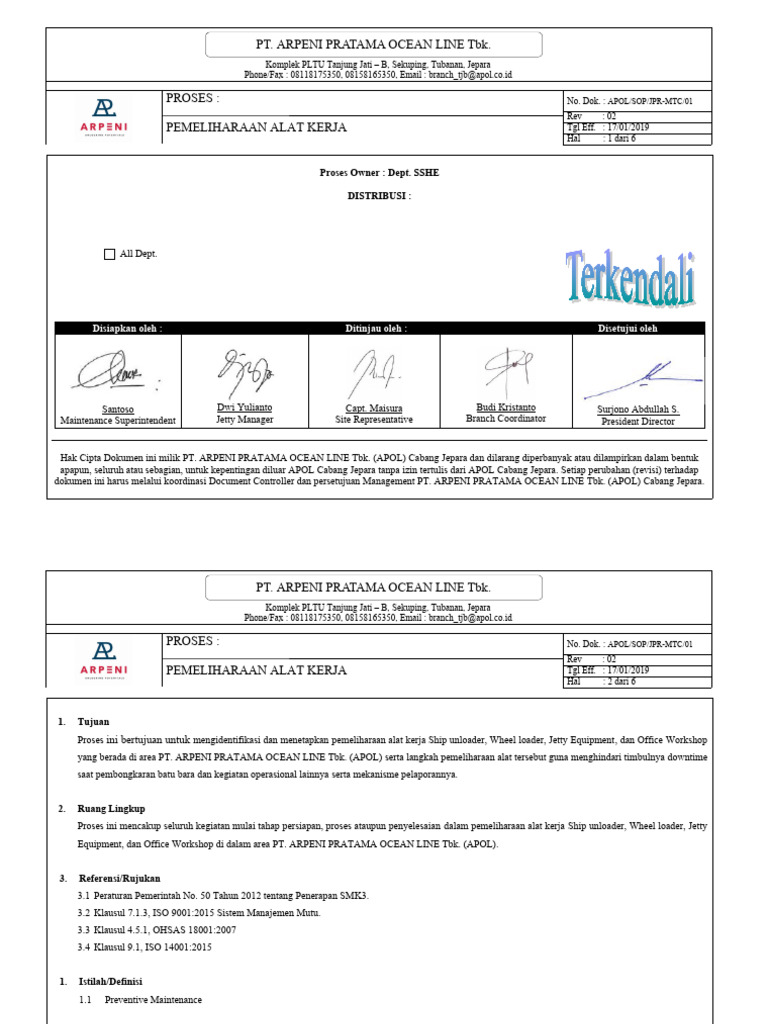 APOL - sop.JPR-MTC.01 Pemeliharaan Alat Kerja | PDF