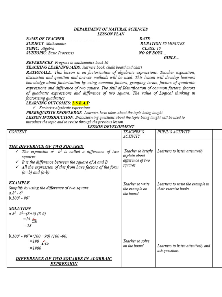 Grade 10 Mathematics Algebra - Basic Processes 7 Editable Lesson Plan ...