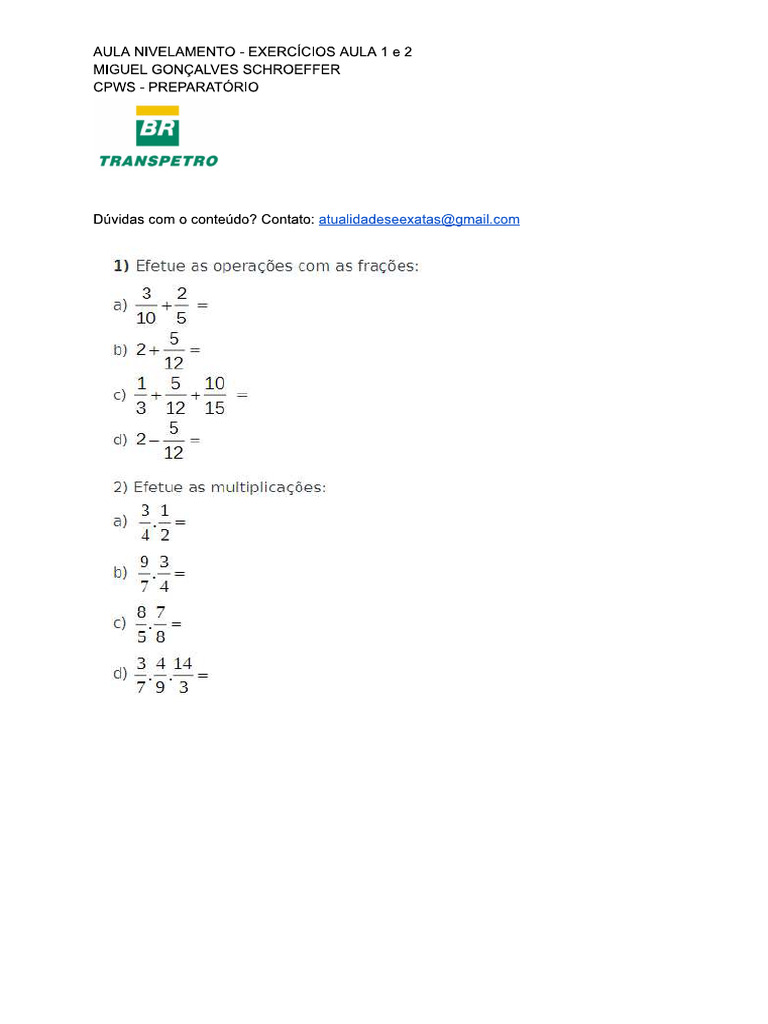 EXERCÍCIOS AULA 1 e 2 - NIVELAMENTO | PDF