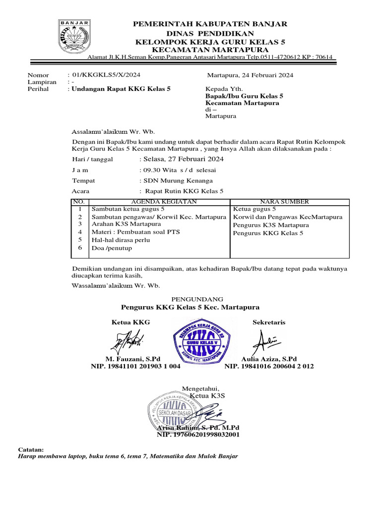 UNDANGAN KKG KLS 5 - Feb 2024 | PDF