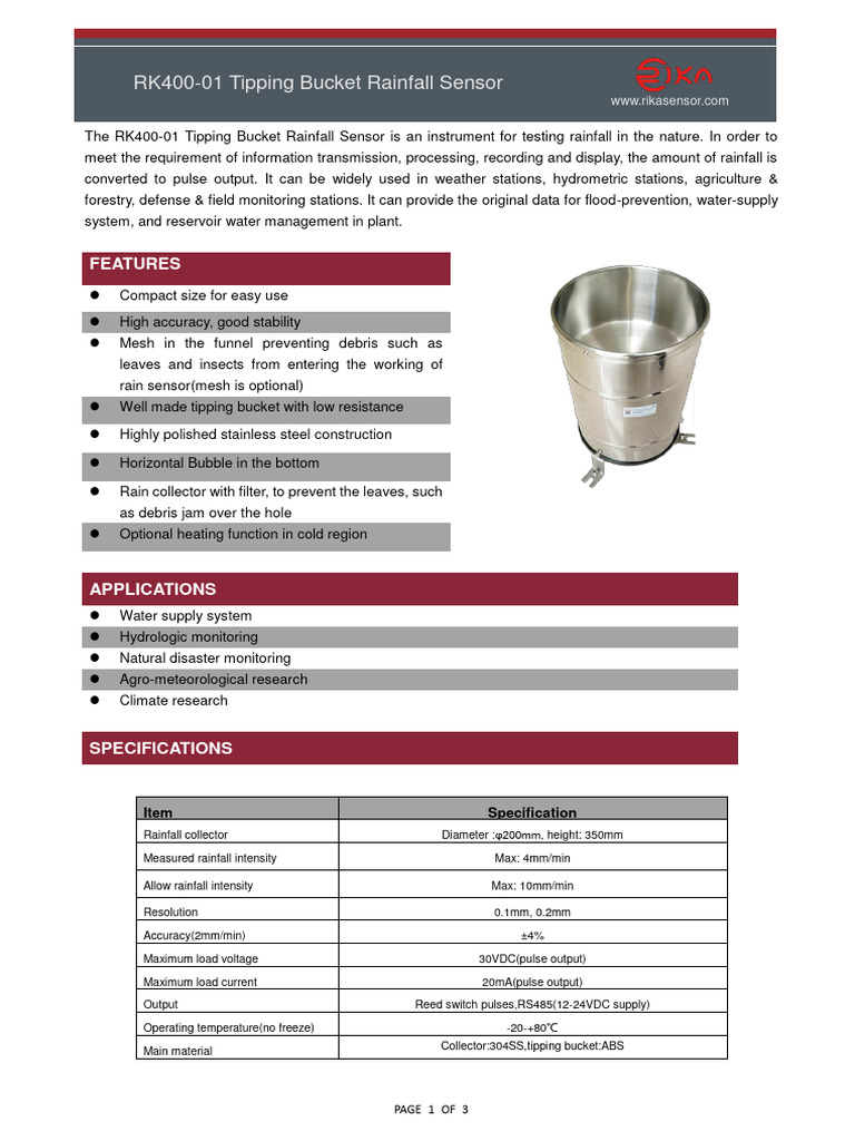 RK400-01 Tipping Bucket Rainfall Sensor Specification v3.0 - Unlocked ...